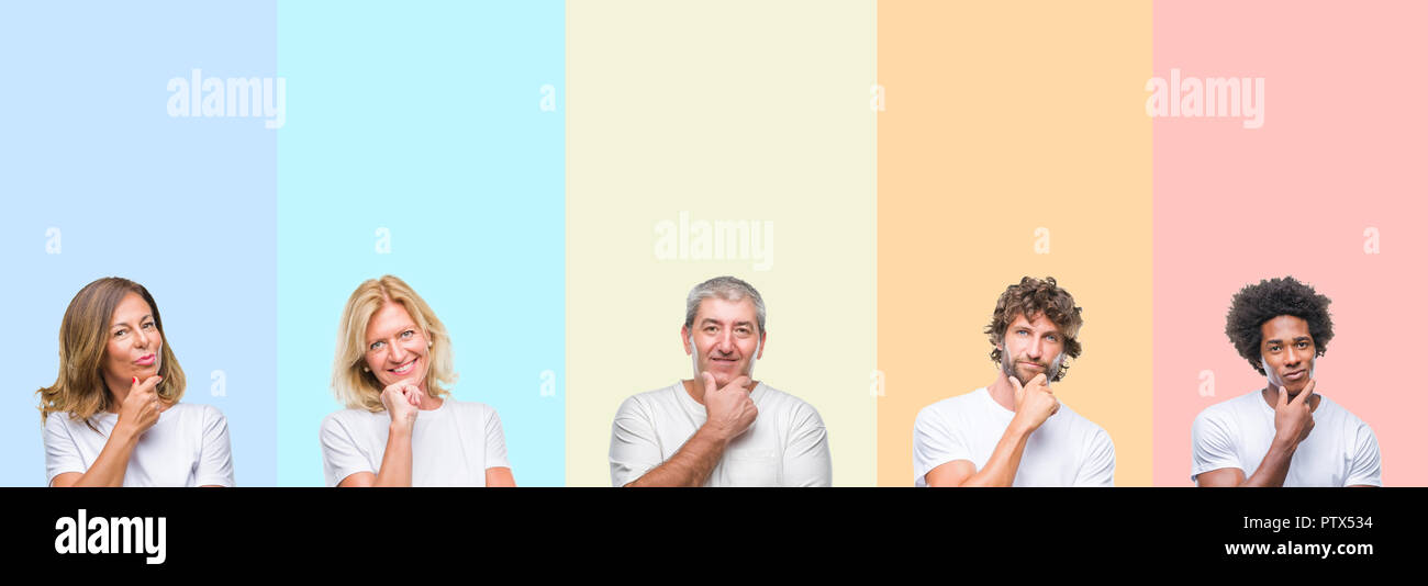 Collage of group of young and middle age people wearing white t-shirt ...