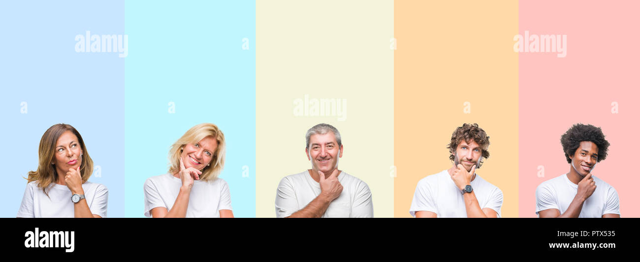 Collage of group of young and middle age people wearing white t-shirt ...