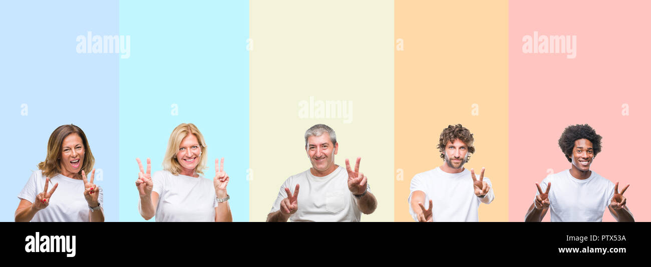 Collage of group of young and middle age people wearing white t-shirt ...