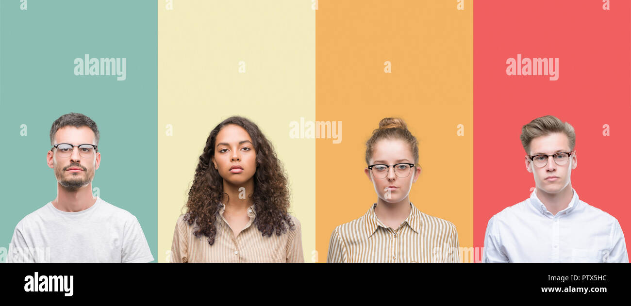 Collage of a group of people isolated over colorful background with ...