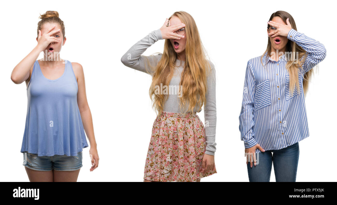 Collage of group of blonde women over isolated background peeking in ...