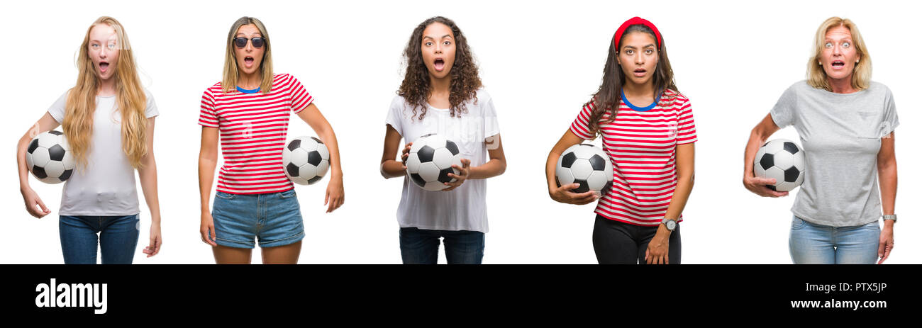 Collage of group of young and senior women holding soccer ball over ...