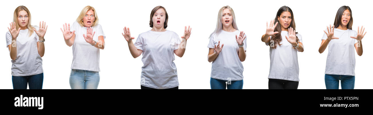 Collage of group of women wearing white t-shirt over isolated ...