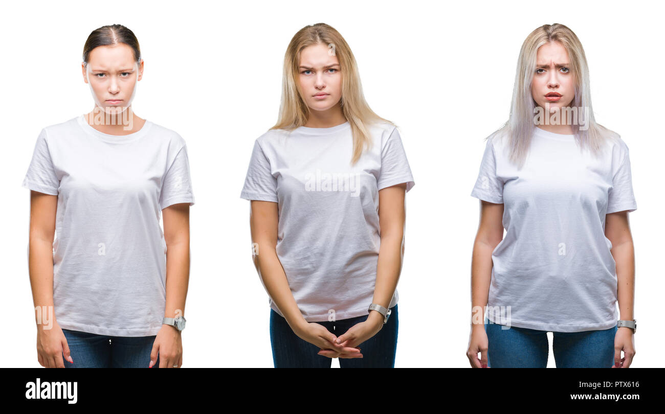 Collage of group of young women wearing white t-shirt over isolated ...