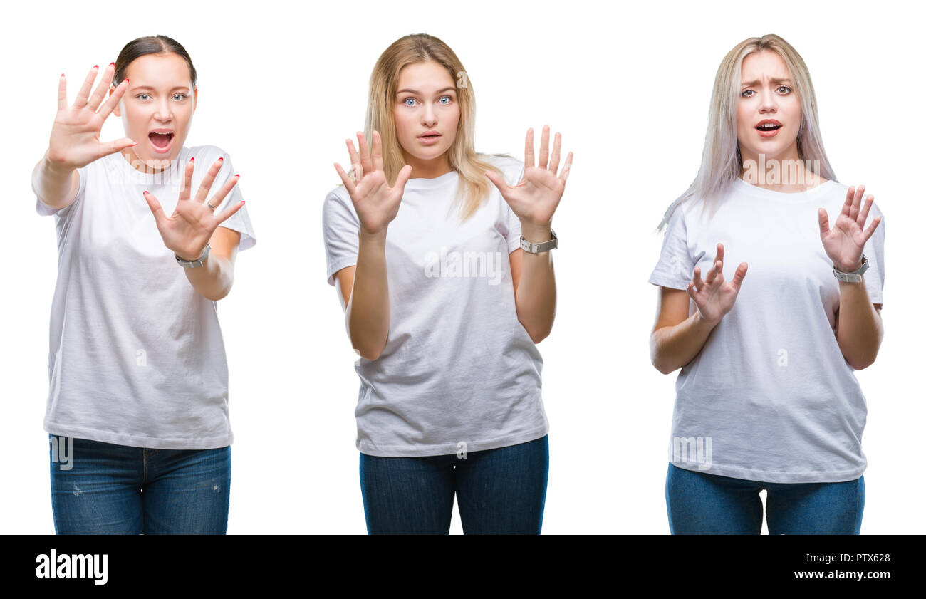 Collage of group of young women wearing white t-shirt over isolated ...