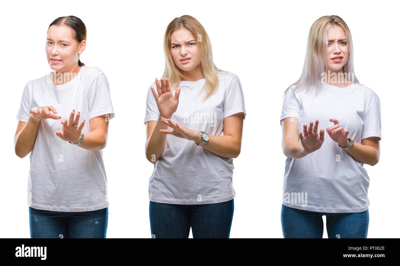 Collage of group of young women wearing white t-shirt over isolated ...