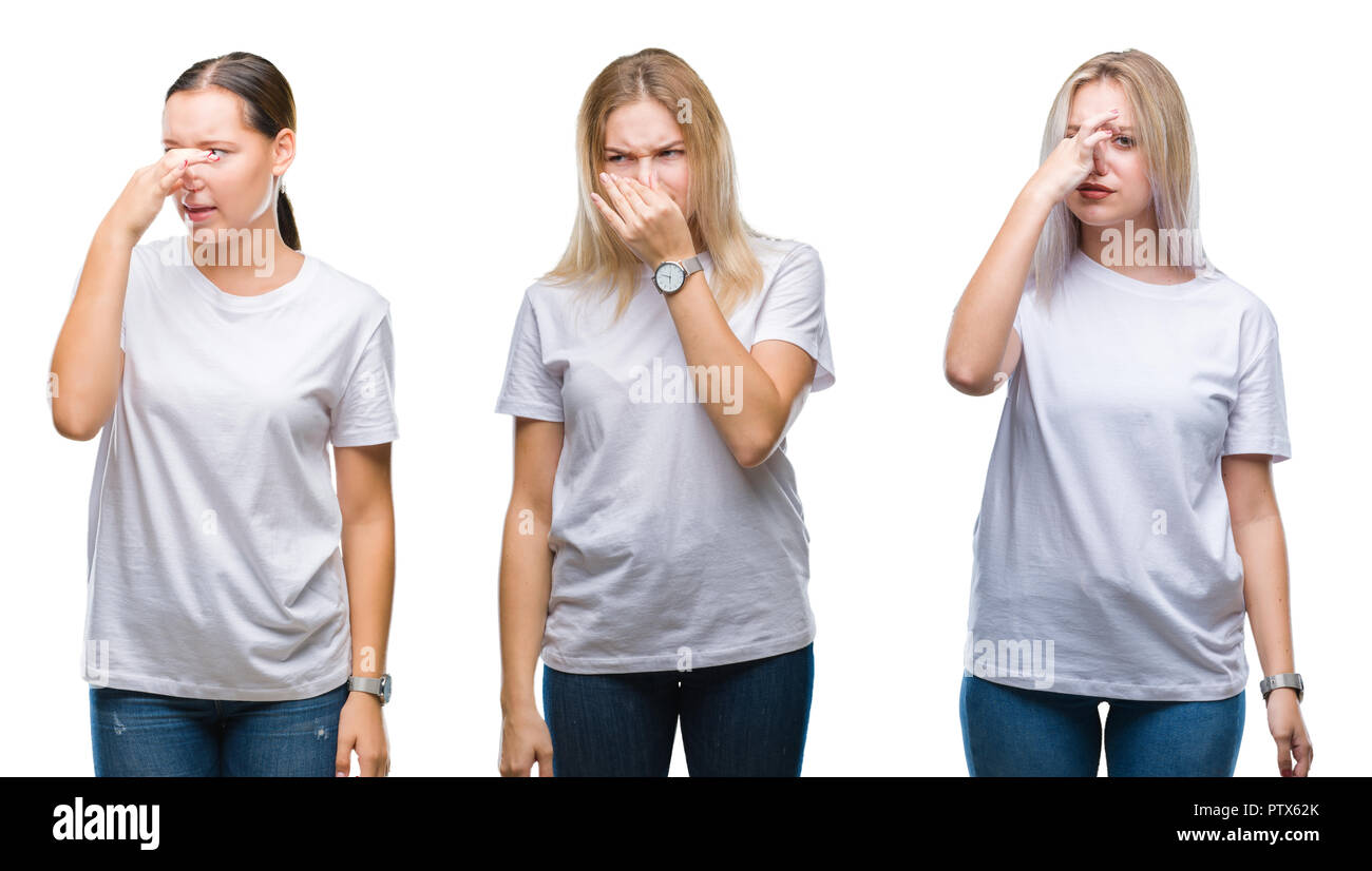Collage of group of young women wearing white t-shirt over isolated ...