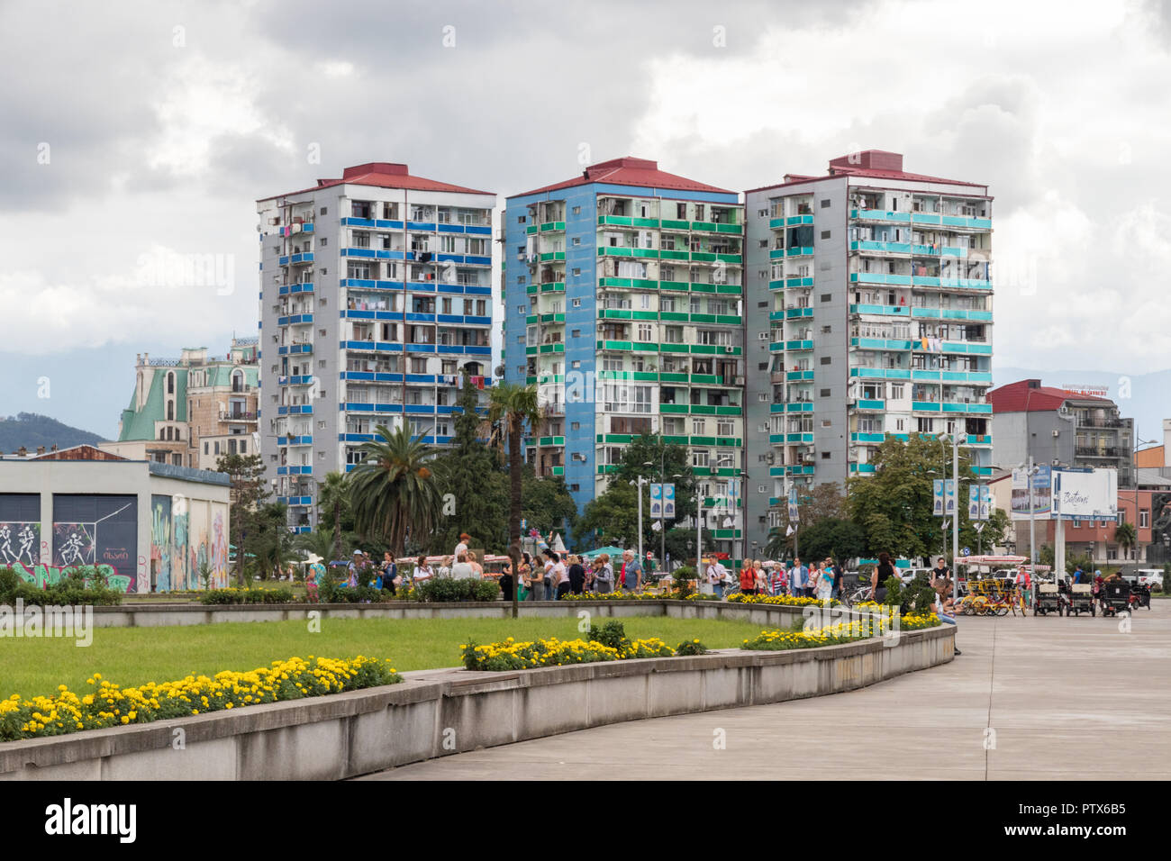 Colourful facade of old multi-storey apartment building in Batumi ...