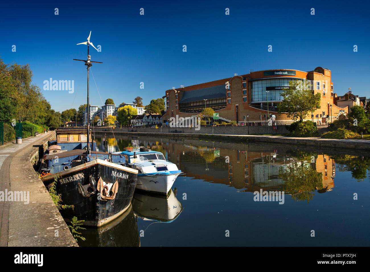 UK, Kent, Maidstone, Town Centre, boats moored on River Medway opposite ...