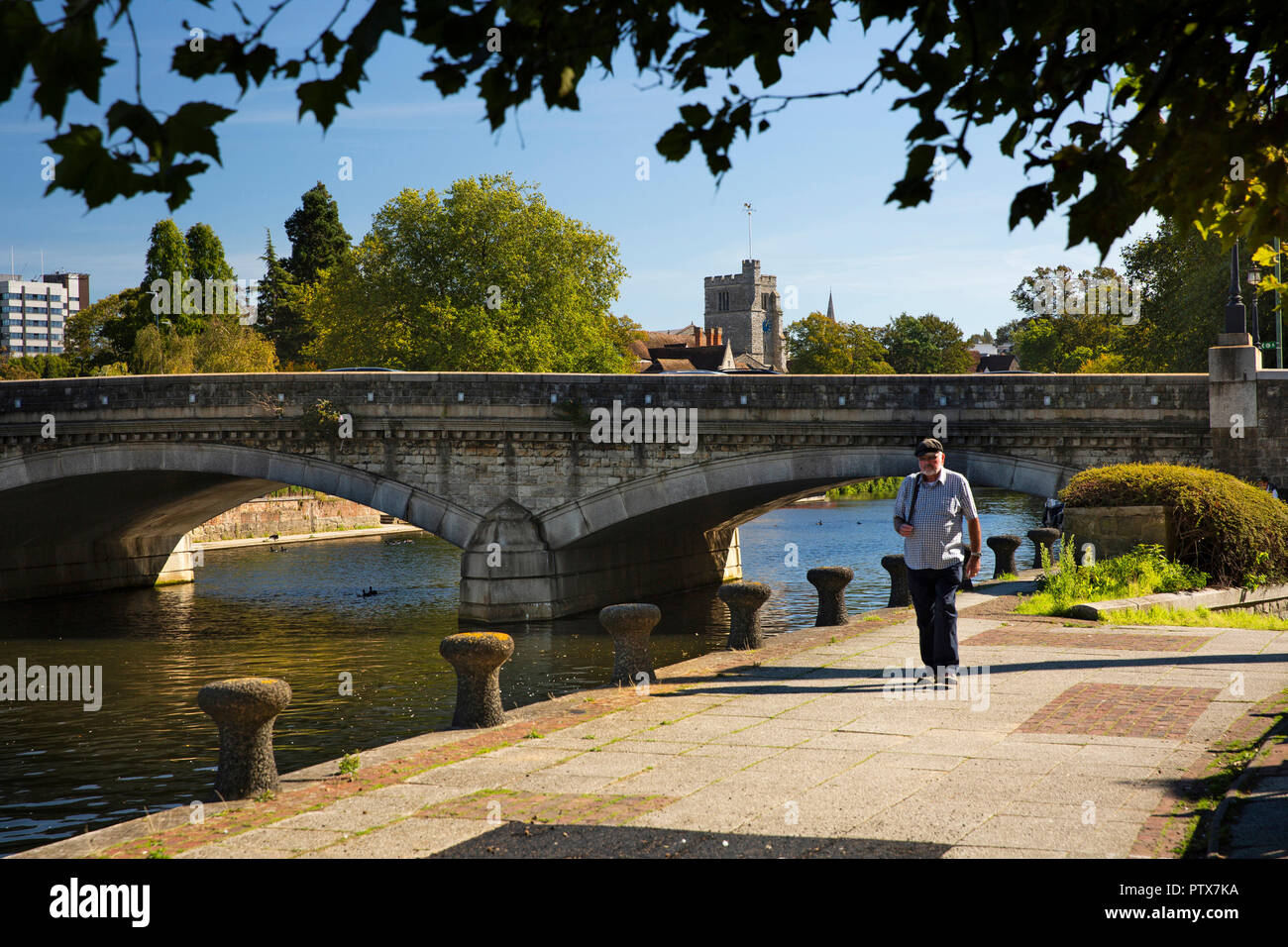 UK, Kent, Maidstone, Town Centre, man walking on River Medway Valley ...