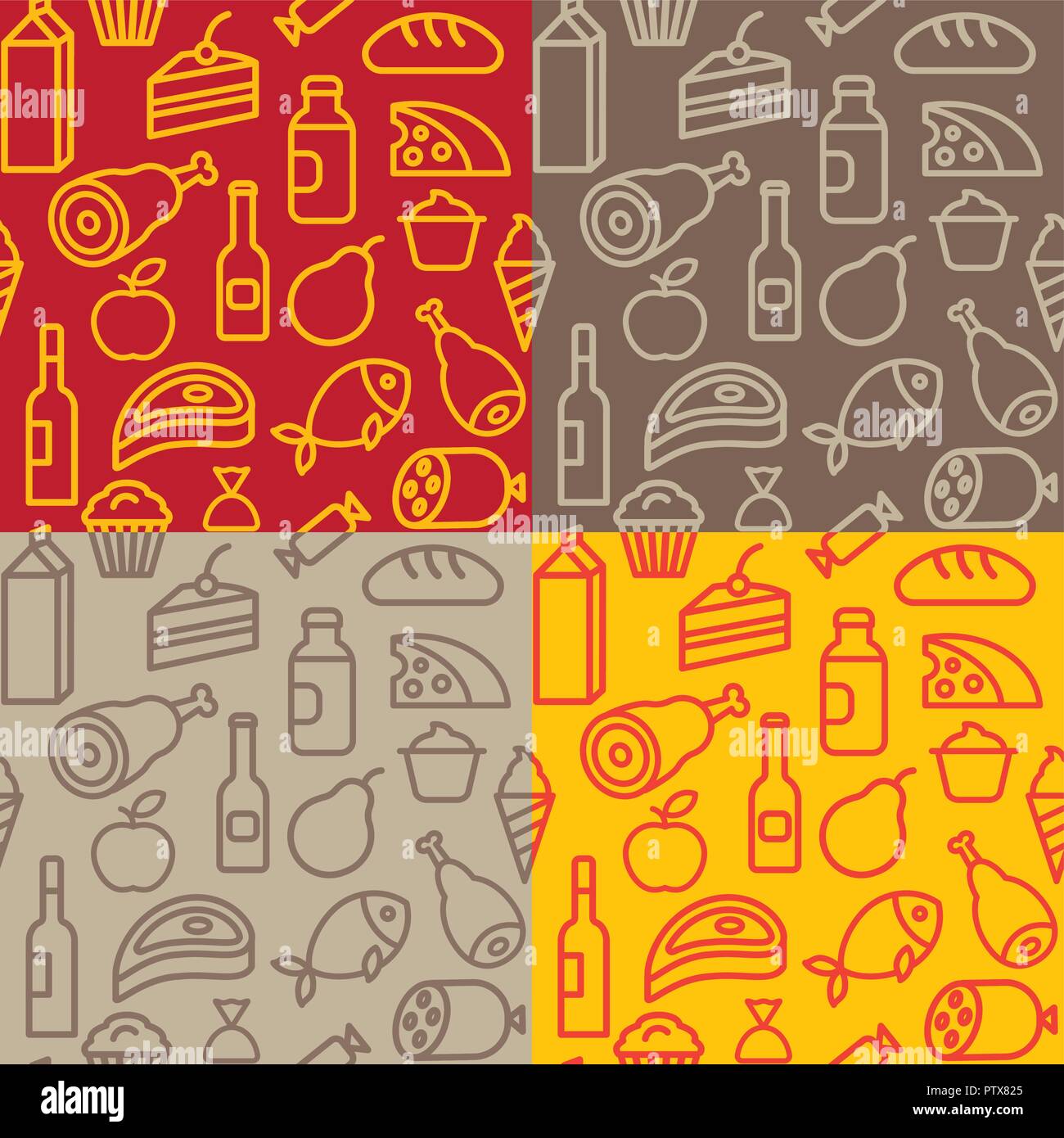 concept illustration of food and grocery seamless patterns in four ...