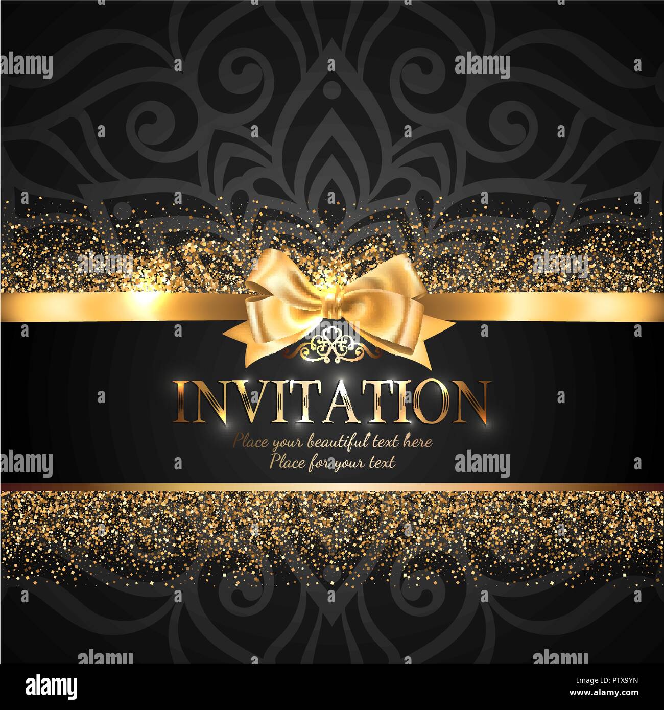 Gorgeous and shiny invitation card or banner with gold ribbon bow and ...