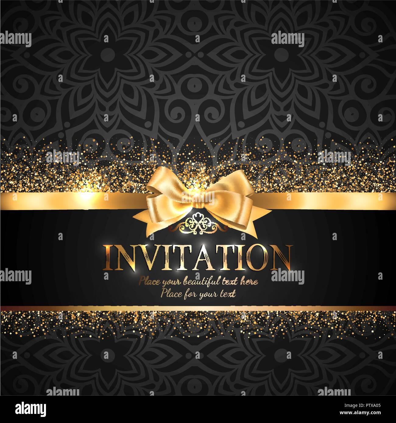 Gorgeous and shiny invitation card or banner with gold ribbon bow and ...