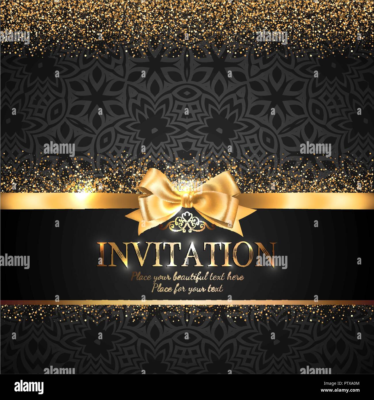 Gorgeous and shiny invitation card or banner with gold ribbon bow and ...