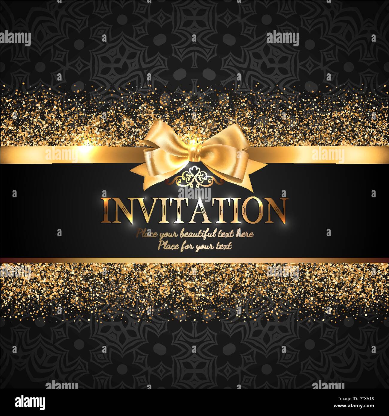 Gorgeous and shiny invitation card or banner with gold ribbon bow and ...