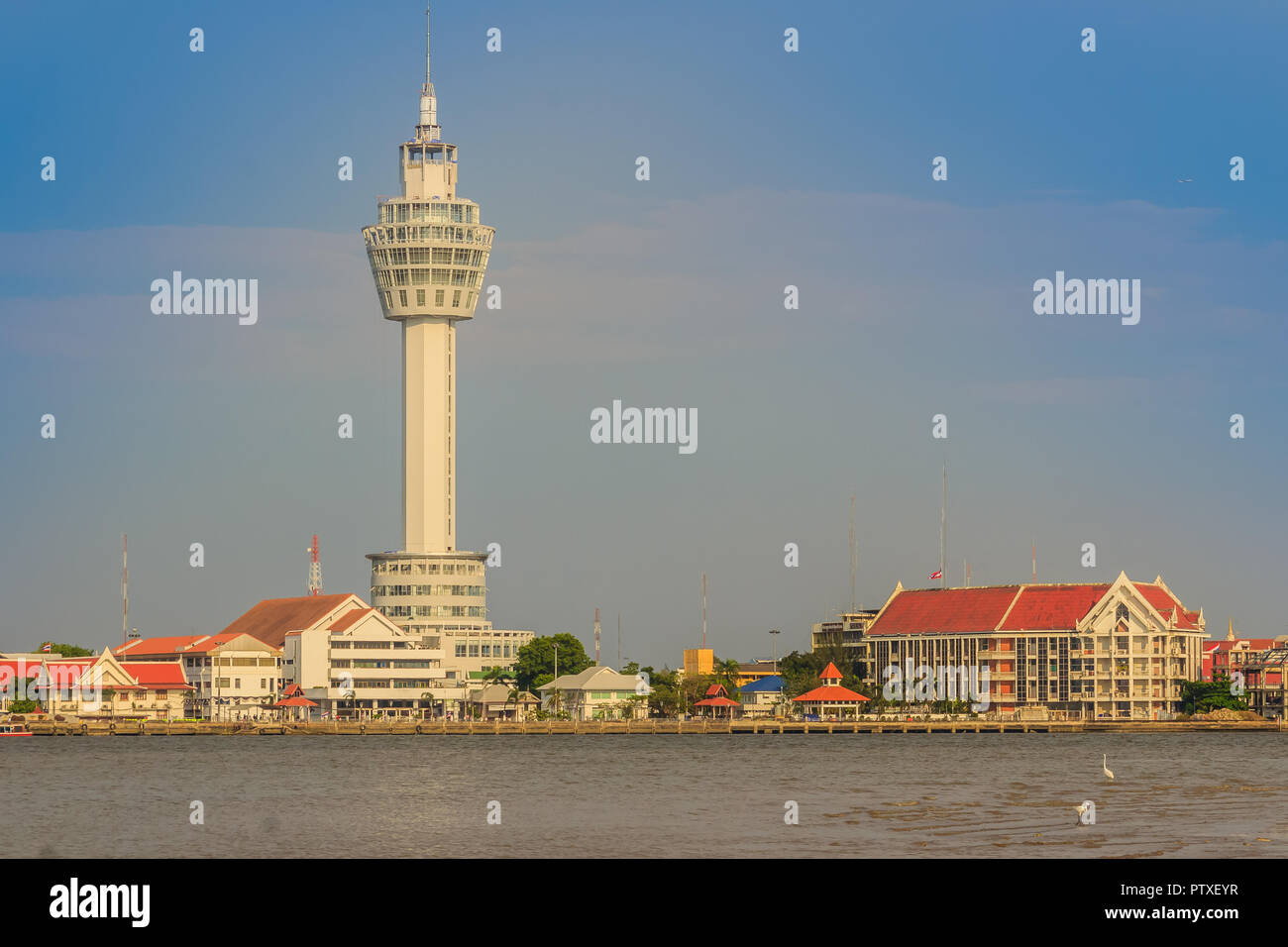 Riverfront view of Samut Prakan city hall with new observation tower ...