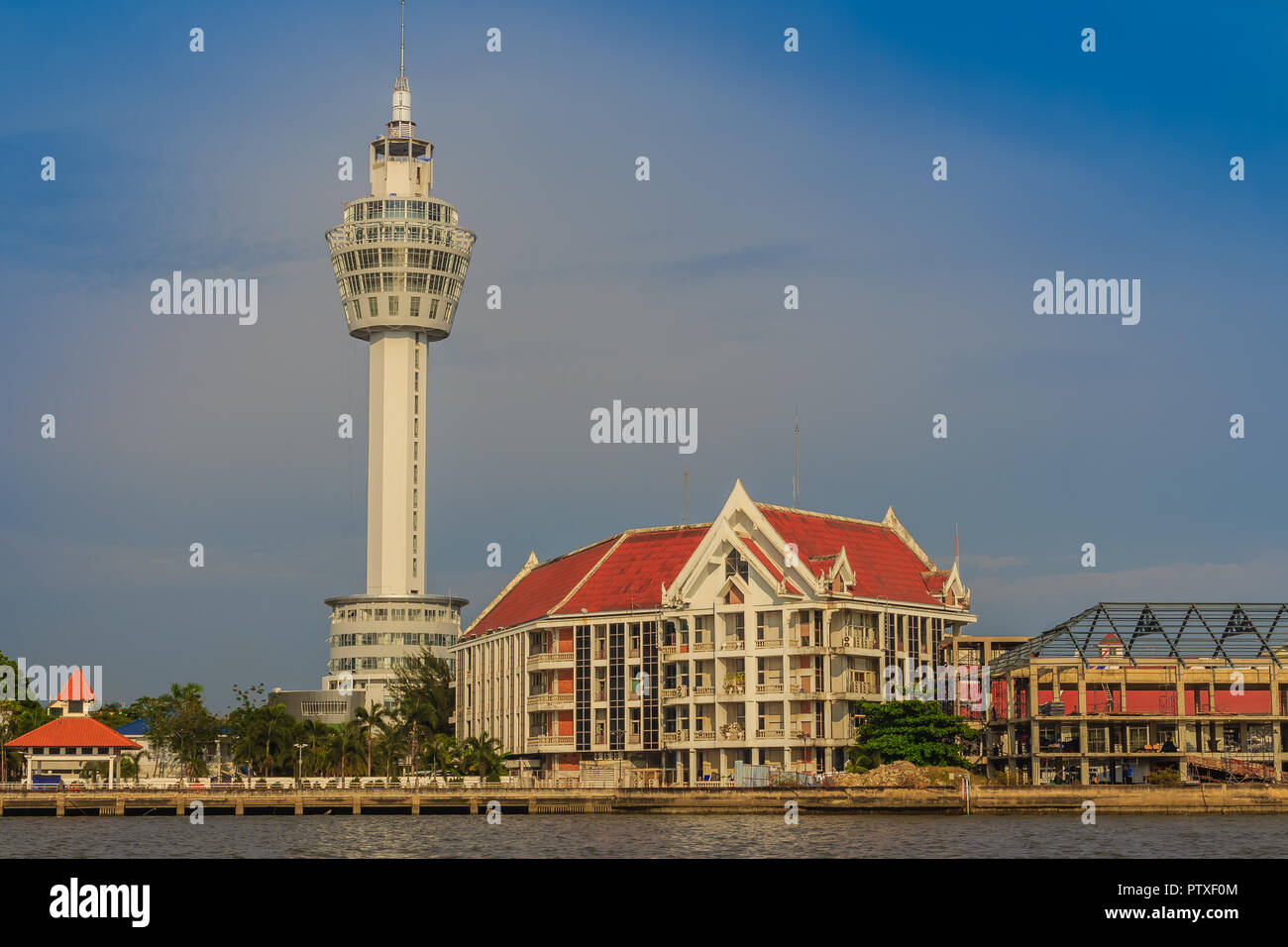Riverfront view of Samut Prakan city hall with new observation tower ...