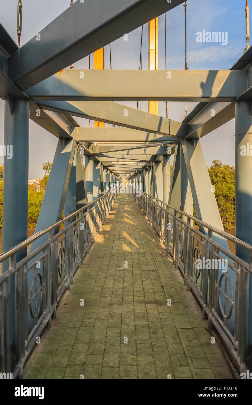 Small suspension steel bridge structure detail. Steel structure support ...