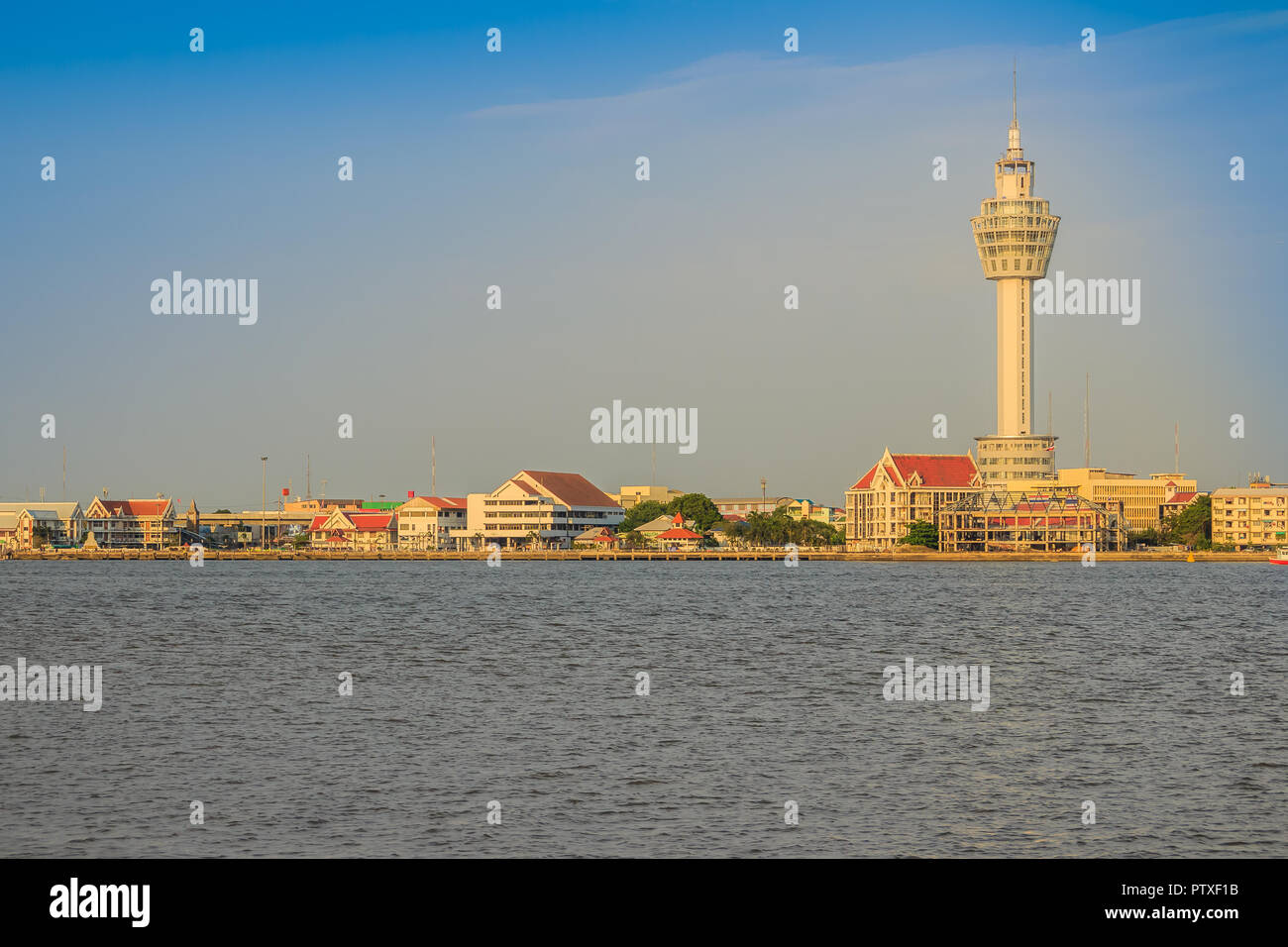 Riverfront view of Samut Prakan city hall with new observation tower ...
