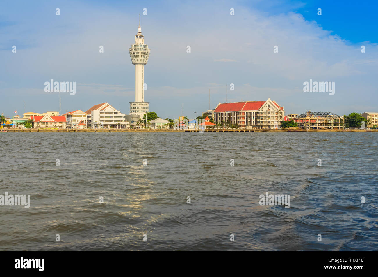 Riverfront view of Samut Prakan city hall with new observation tower ...