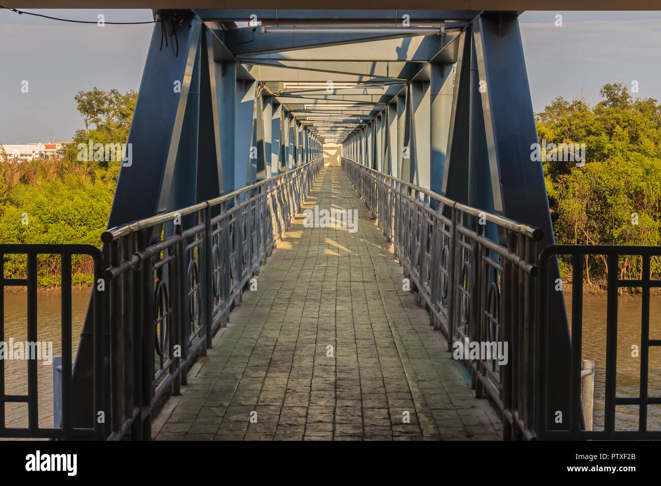 Small suspension steel bridge structure detail. Steel structure support ...