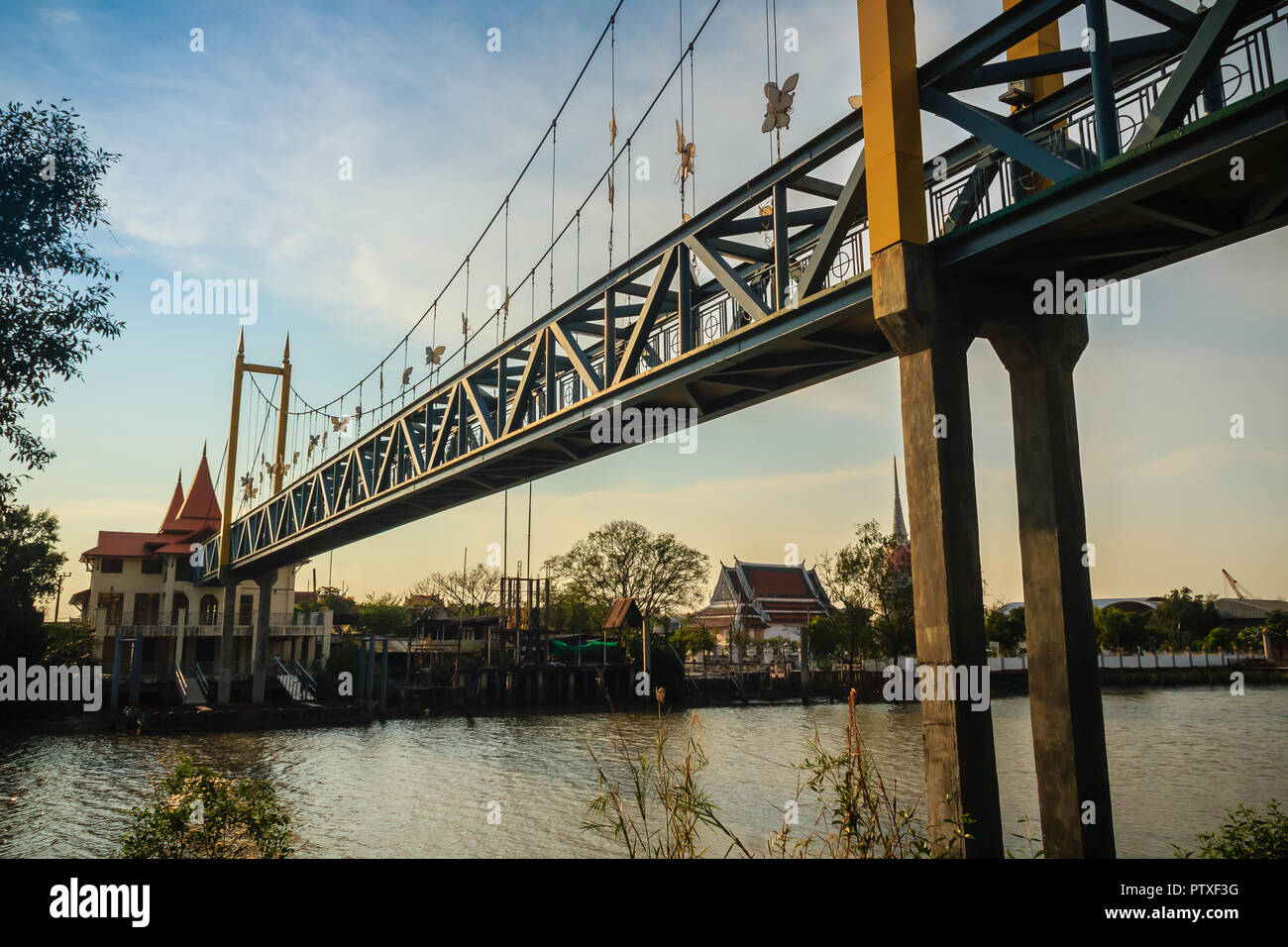 Small suspension steel bridge structure detail. Steel structure support ...