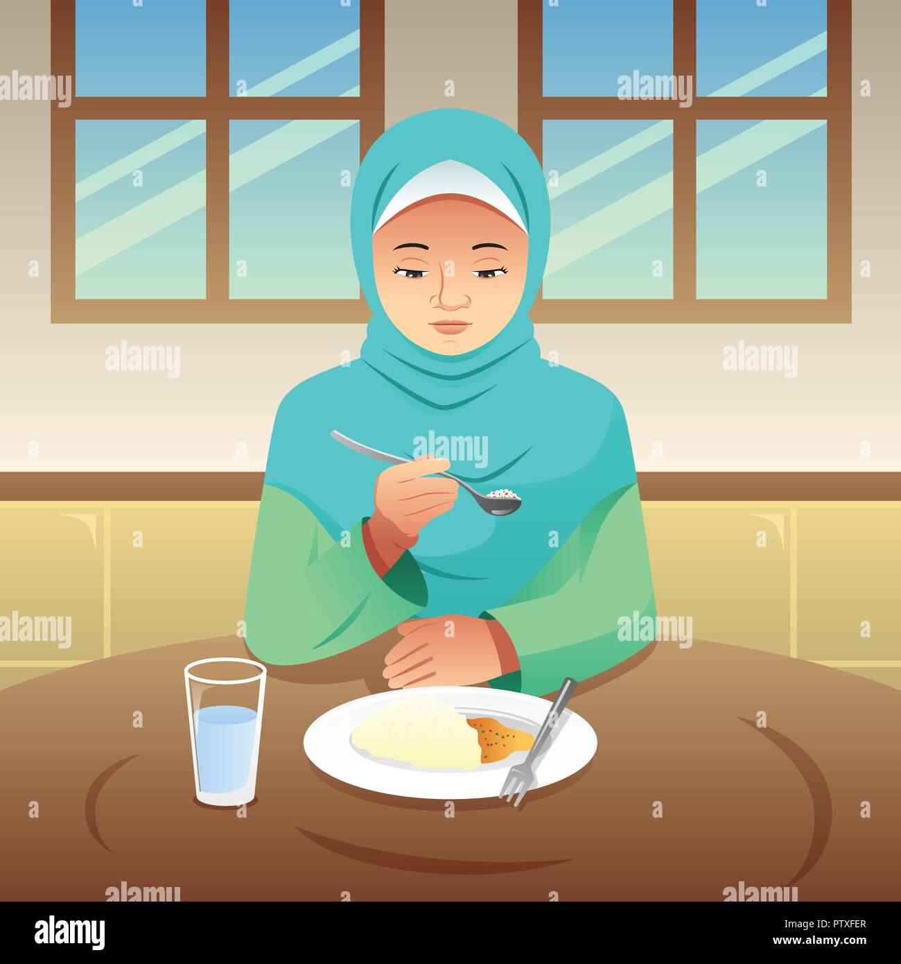 A vector illustration of Muslim Woman Eating Breakfast at Home Stock ...