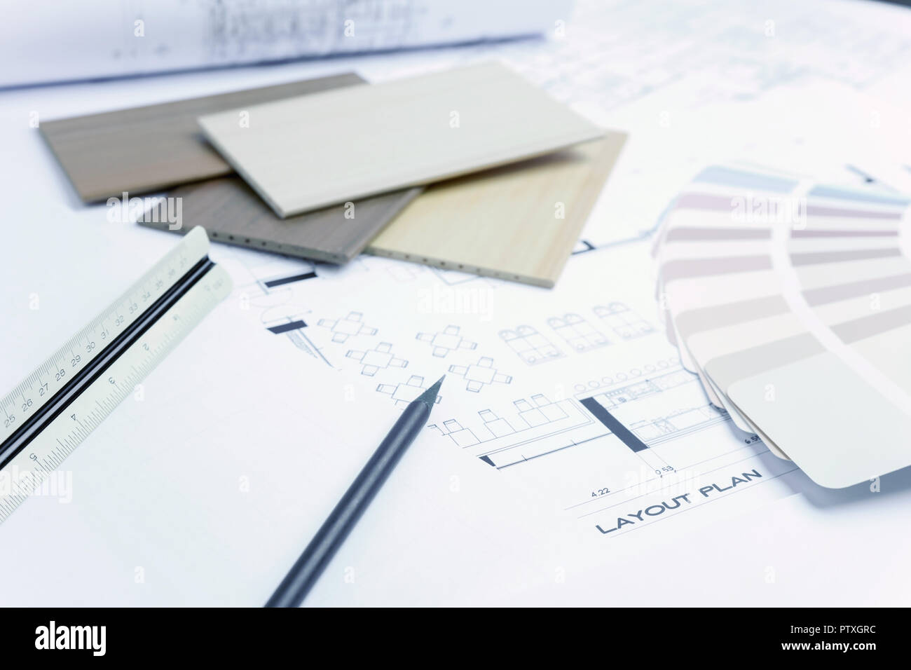 color and material samples on architectural drawings of the modern ...