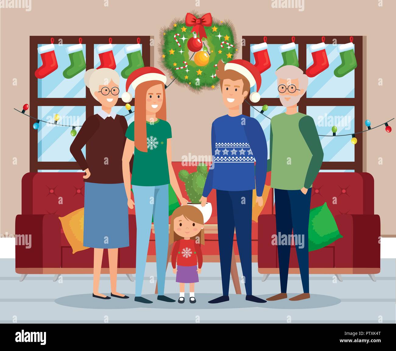 family members with december clothes in livingroom Stock Vector Image ...