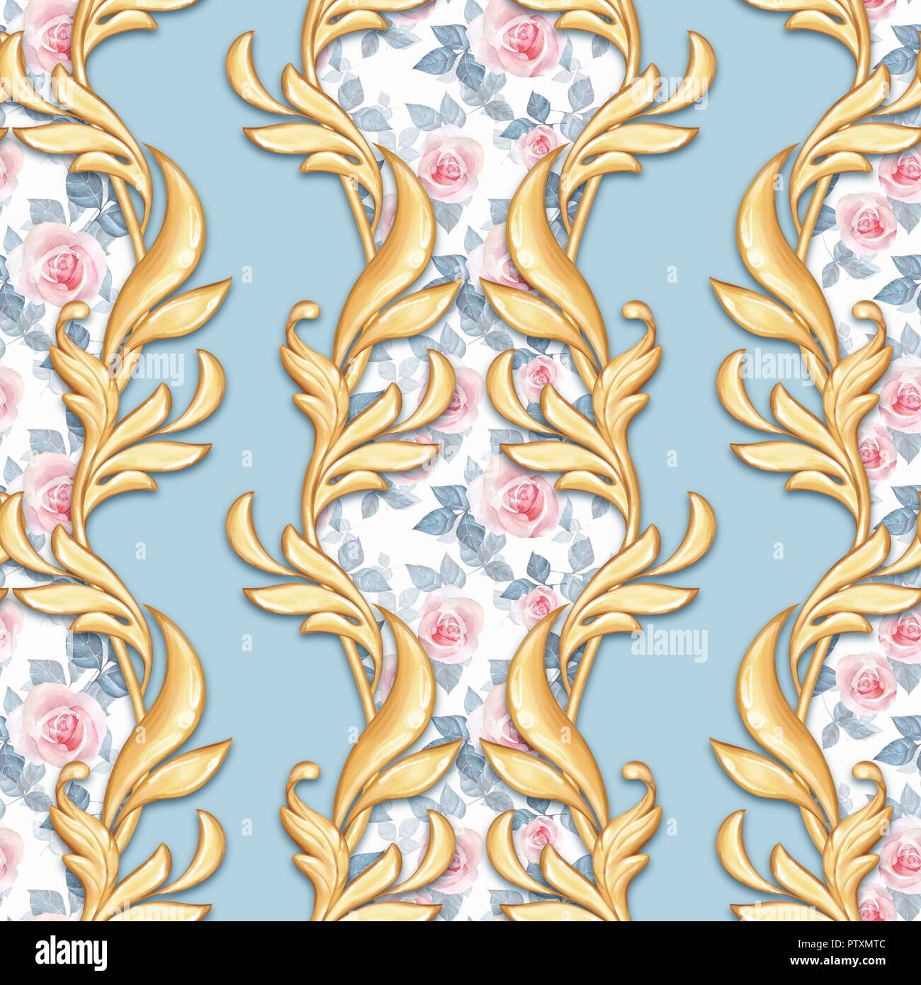 Seamless golden baroque pattern with watercolor roses Stock Photo - Alamy