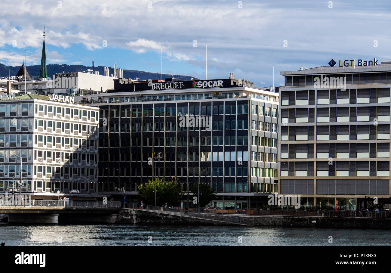 Office buildings of the Rhone River, Geneva Stock Photo - Alamy