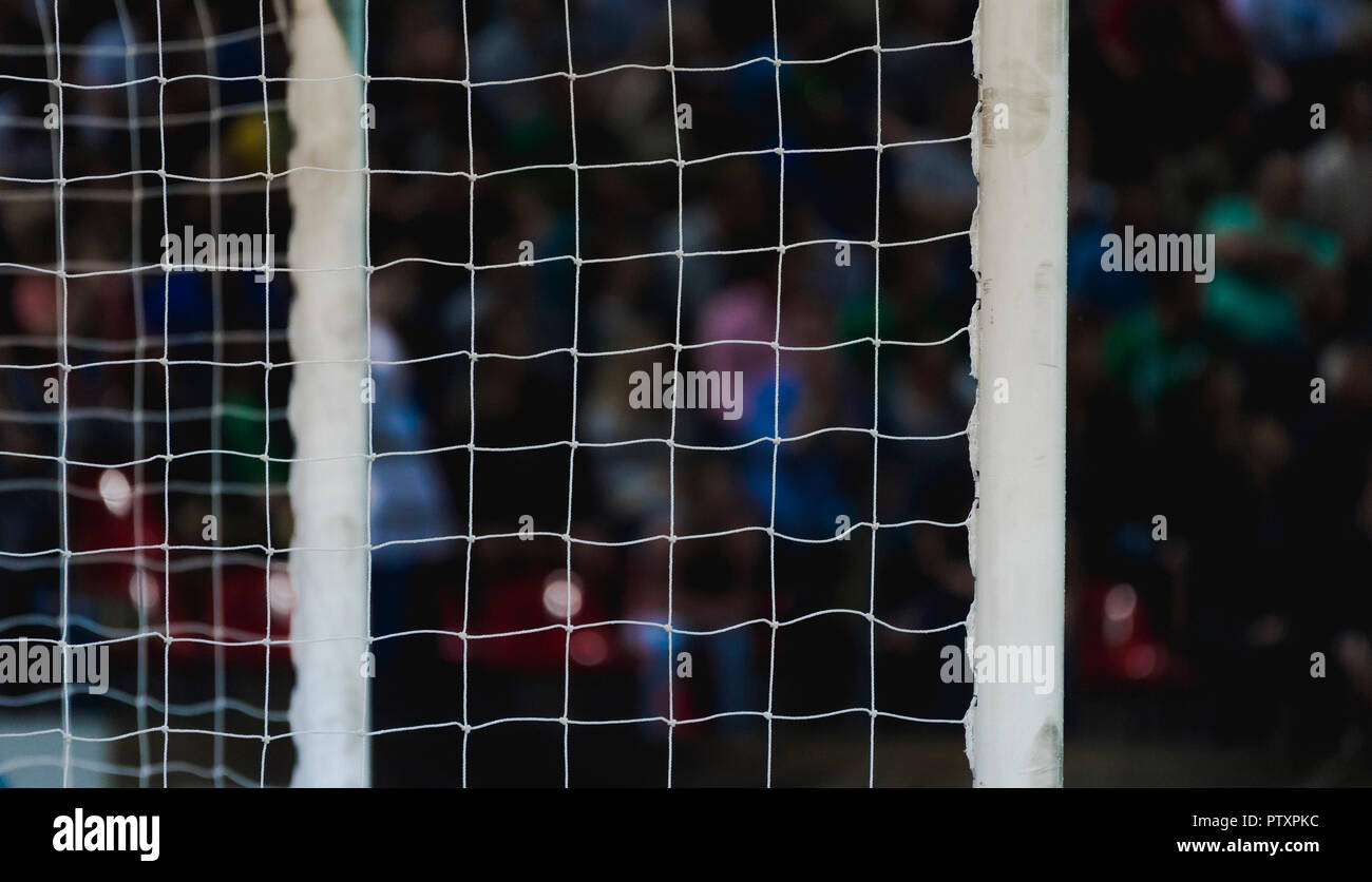 Soccer football net background over green grass and blurry stadium ...