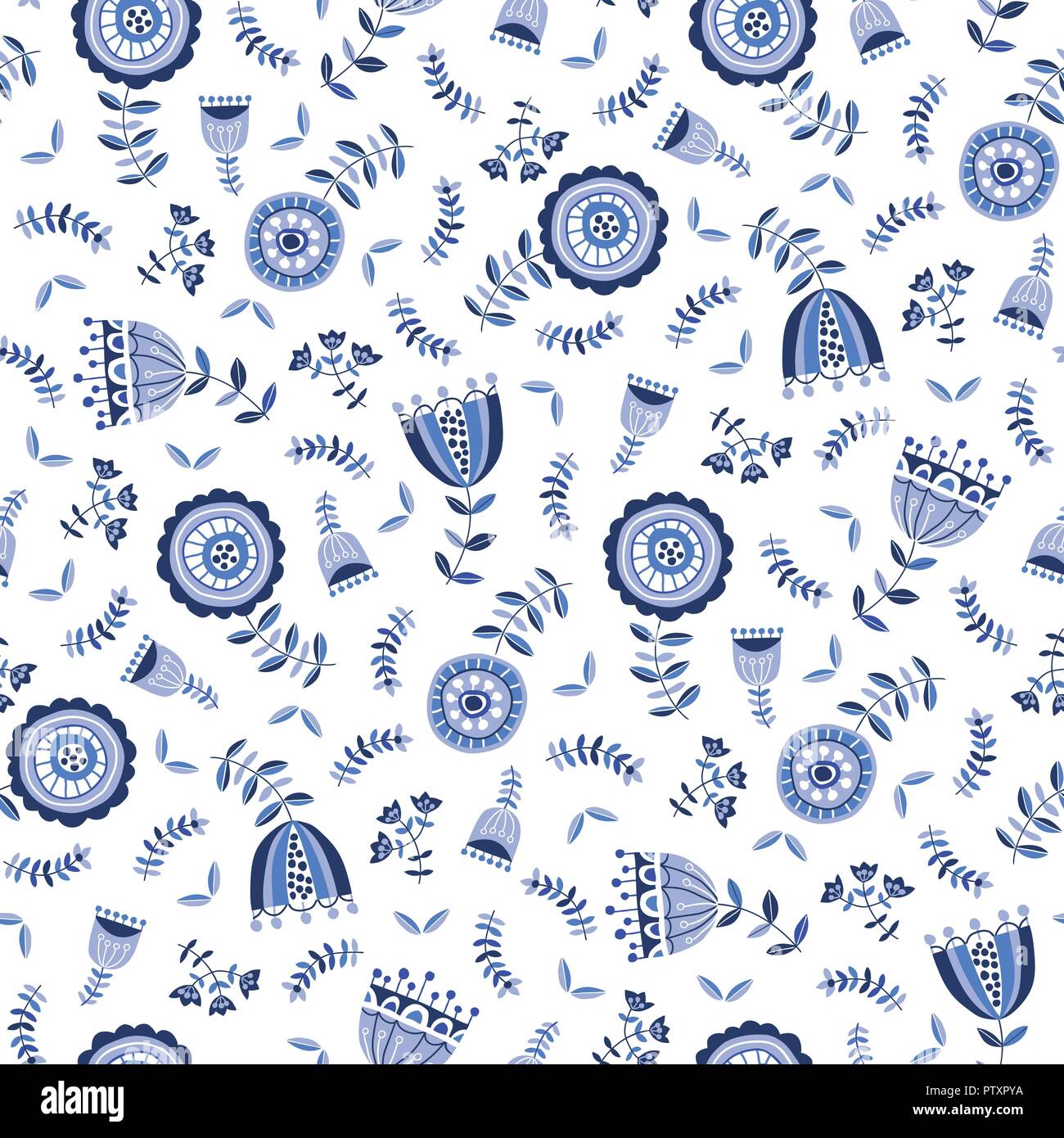 Folk Blue Flowers White Background Vector Seamless Pattern. Hand-Drawn ...