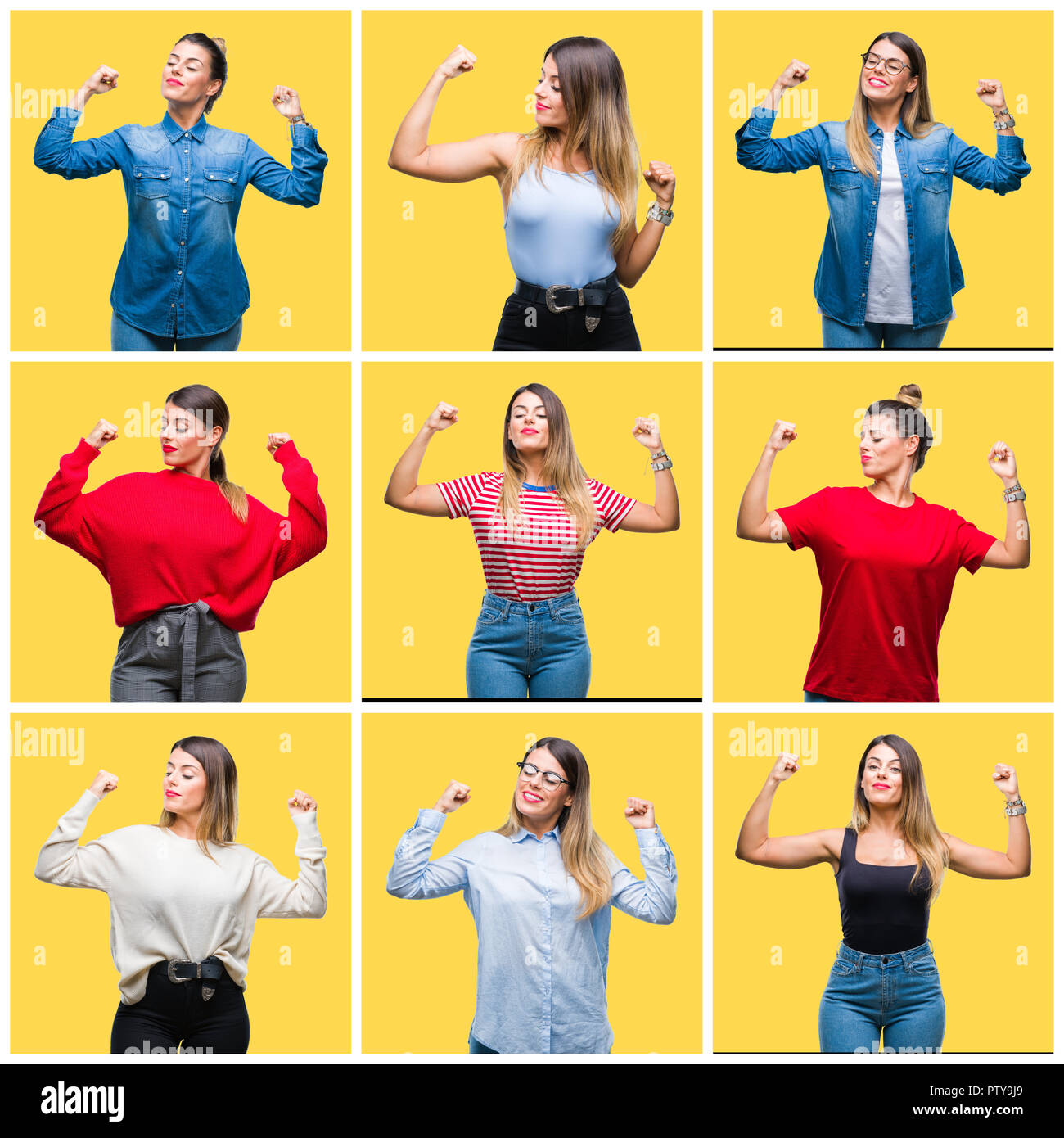 Collage of young beautiful woman over yellow isolated background ...