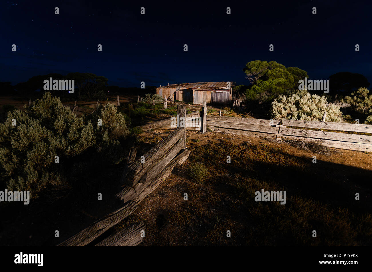Moonlight night at old shearing shed at historic Koonalda Homestead on ...