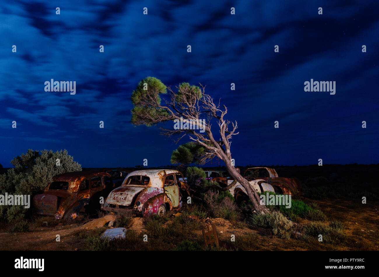 Car graveyard of wrecked and rusted car at Koonalda Homestead on a ...