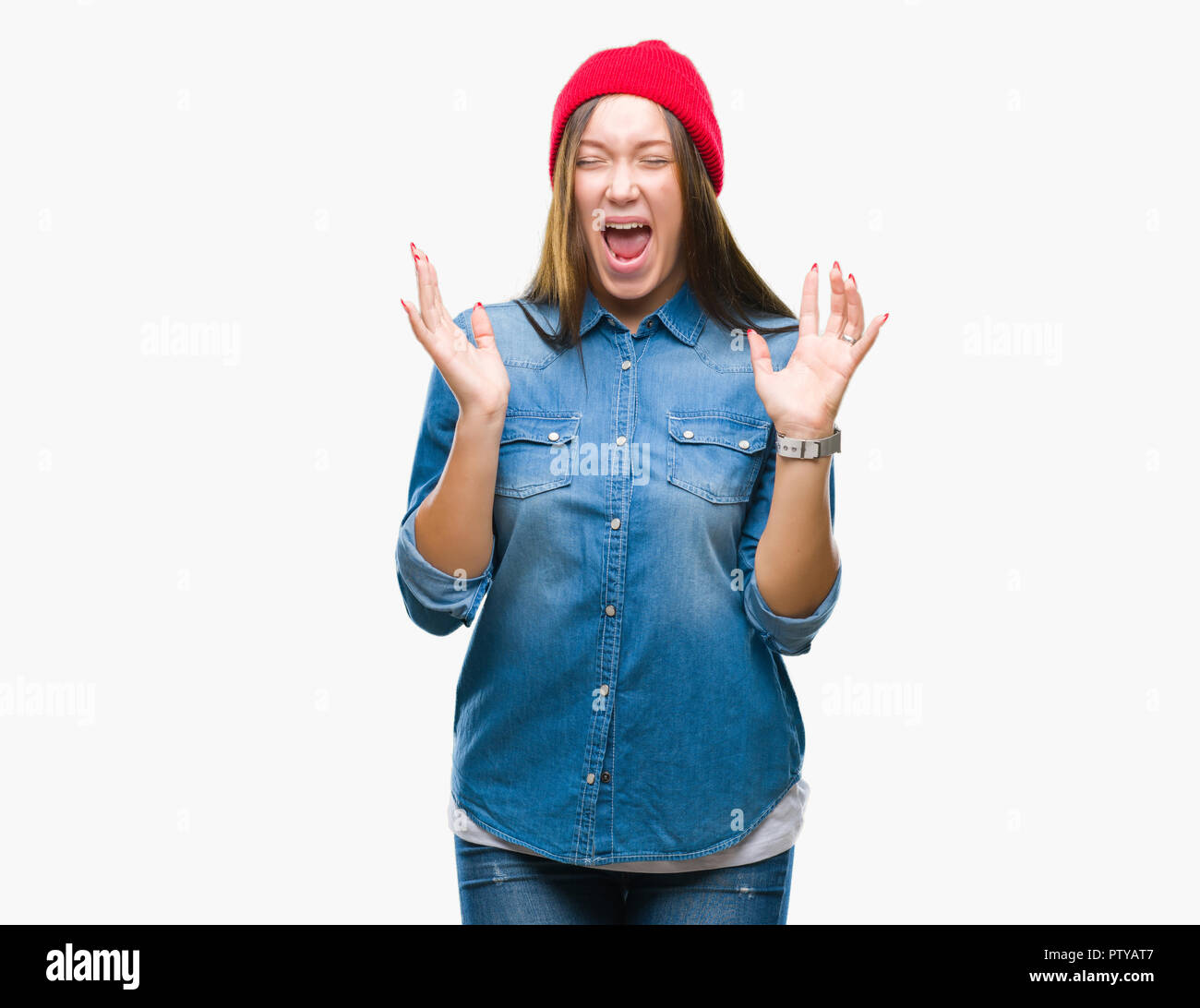 Young caucasian beautiful woman wearing wool cap over isolated ...