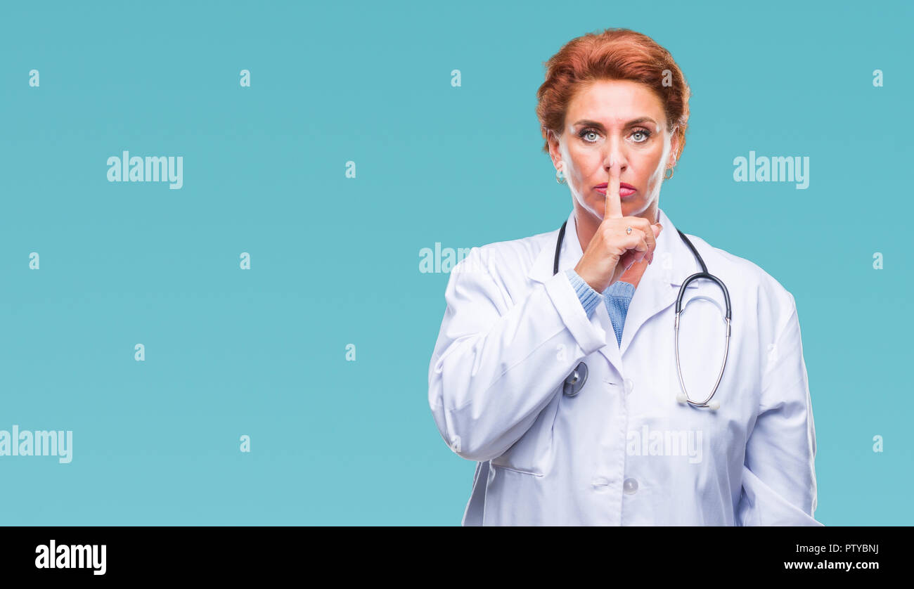 Senior caucasian doctor woman wearing medical uniform over isolated ...