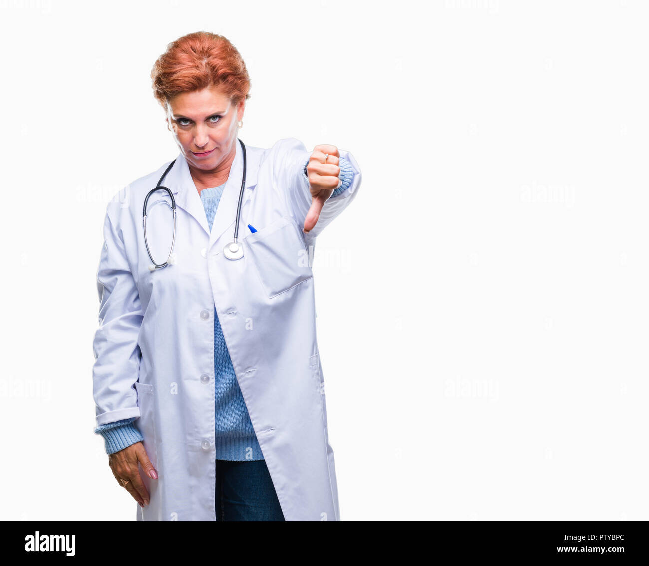 Senior caucasian doctor woman wearing medical uniform over isolated ...