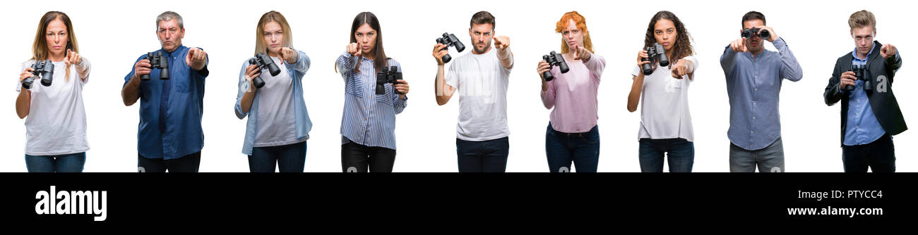 Collage of group of people looking through binoculars over isolated ...
