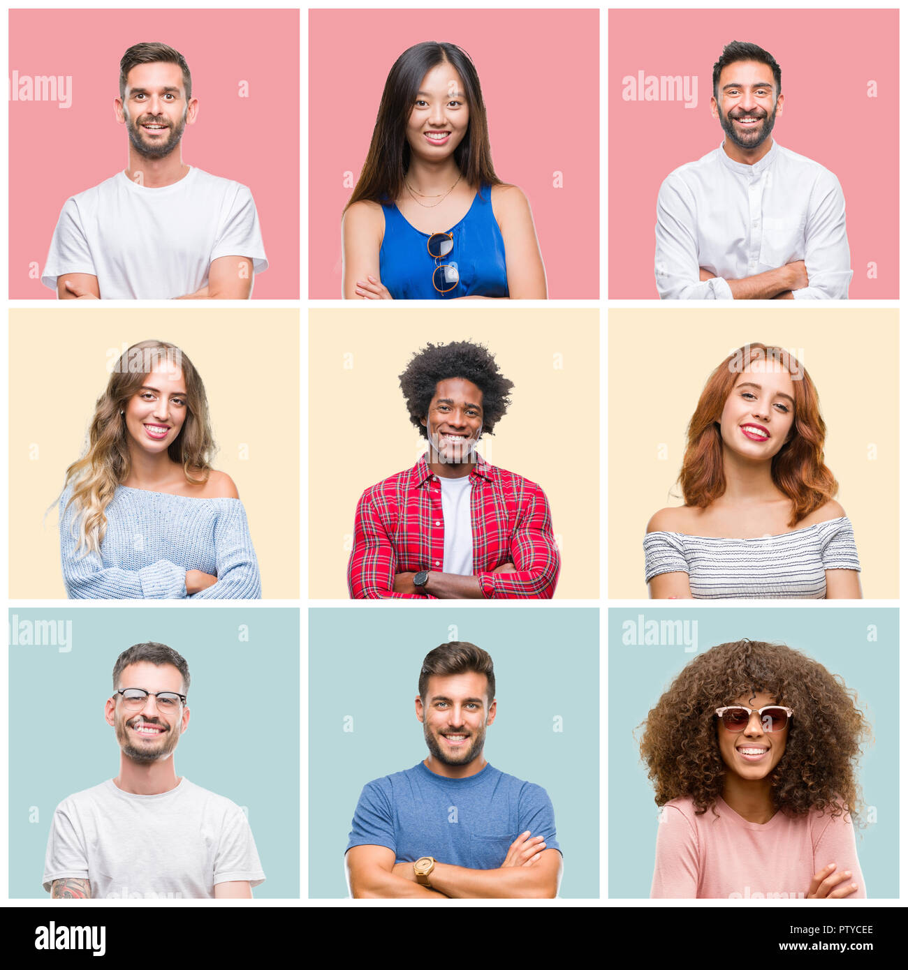 Collage of group of young people woman and men over colorful isolated ...
