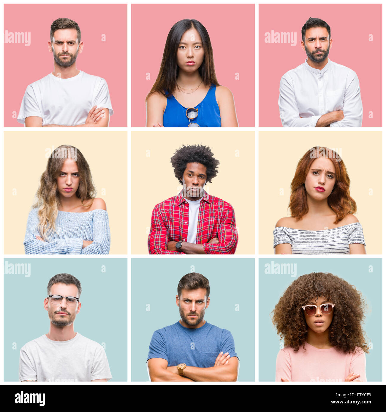 Collage of group of young people woman and men over colorful isolated ...