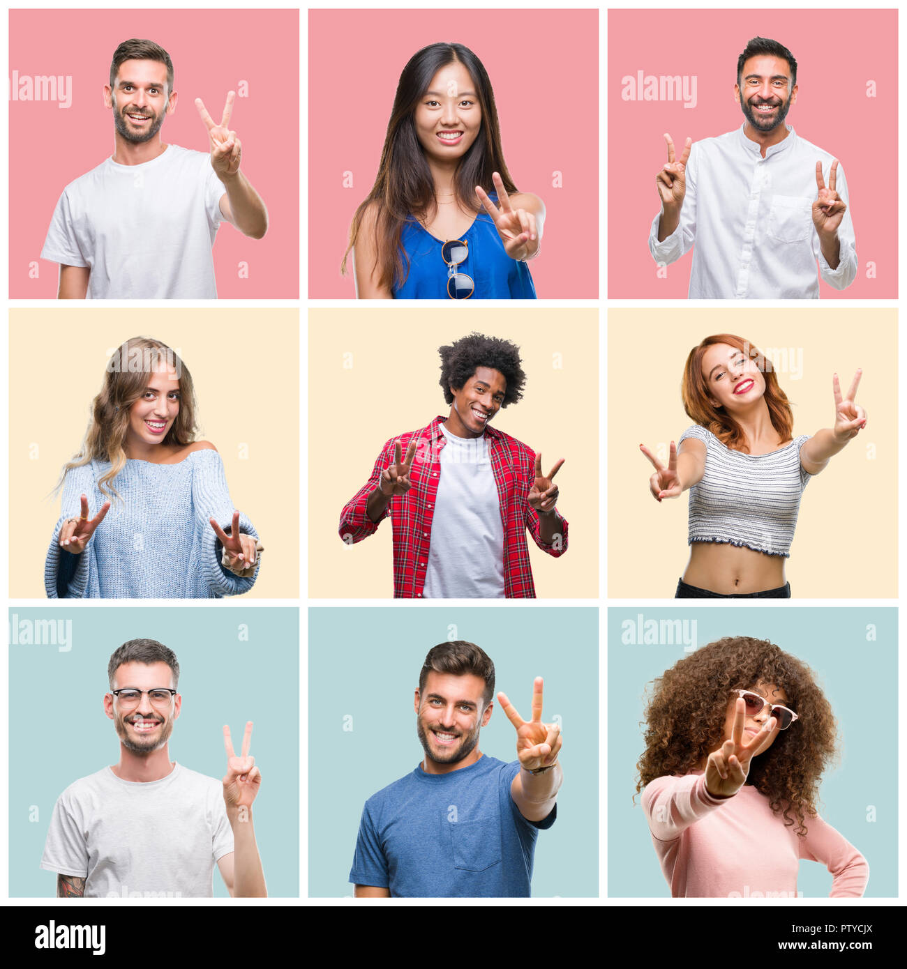 Collage of group of young people woman and men over colorful isolated ...