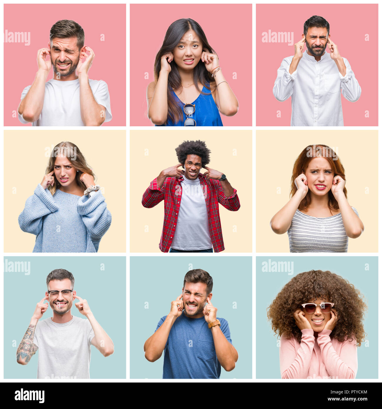 Collage of group of young people woman and men over colorful isolated ...