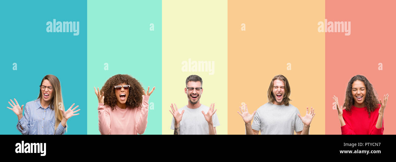 Collage of group of young people over colorful vintage isolated ...