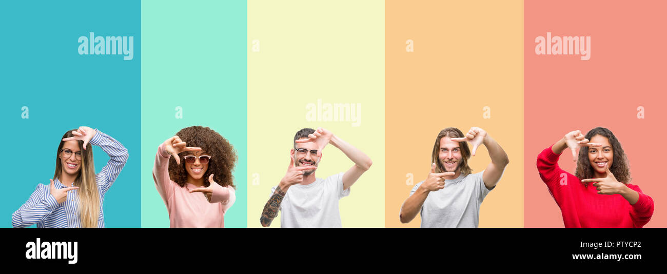 Collage of group of young people over colorful vintage isolated ...