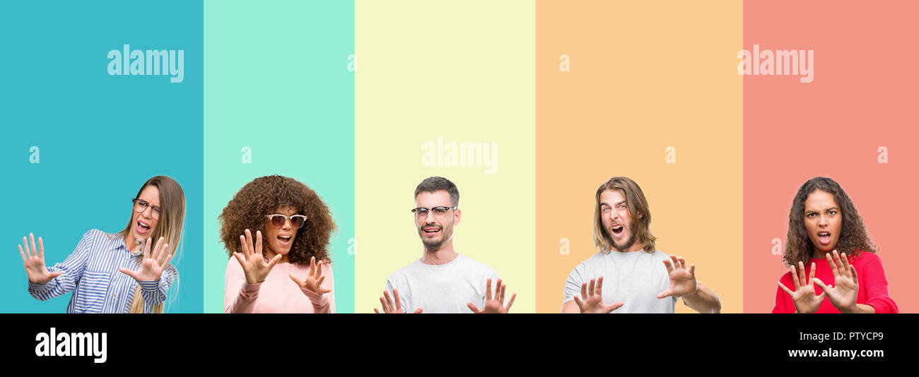 Collage of group of young people over colorful vintage isolated ...