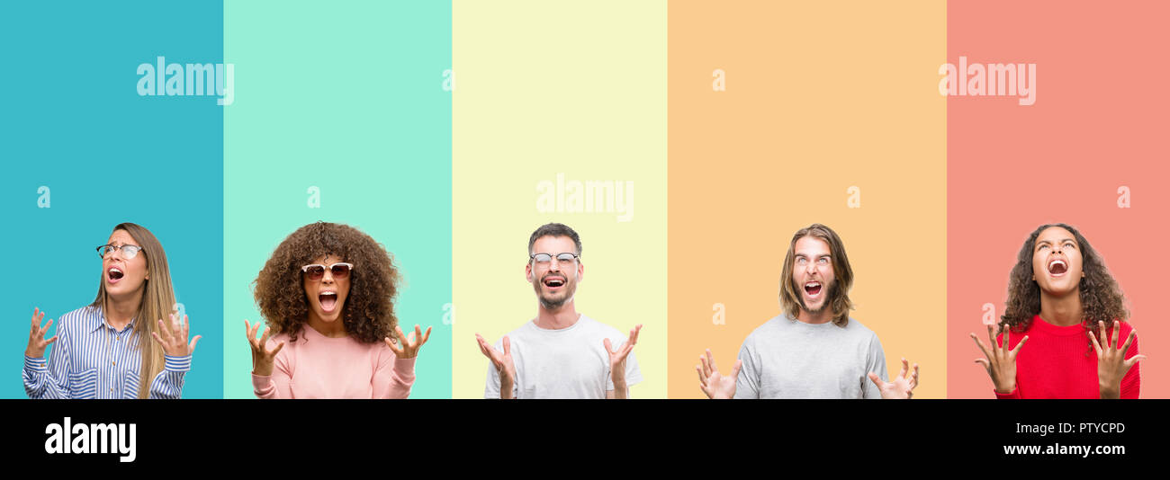 Collage of group of young people over colorful vintage isolated ...