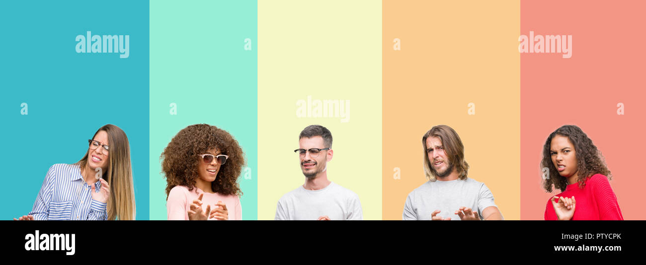 Collage of group of young people over colorful vintage isolated ...