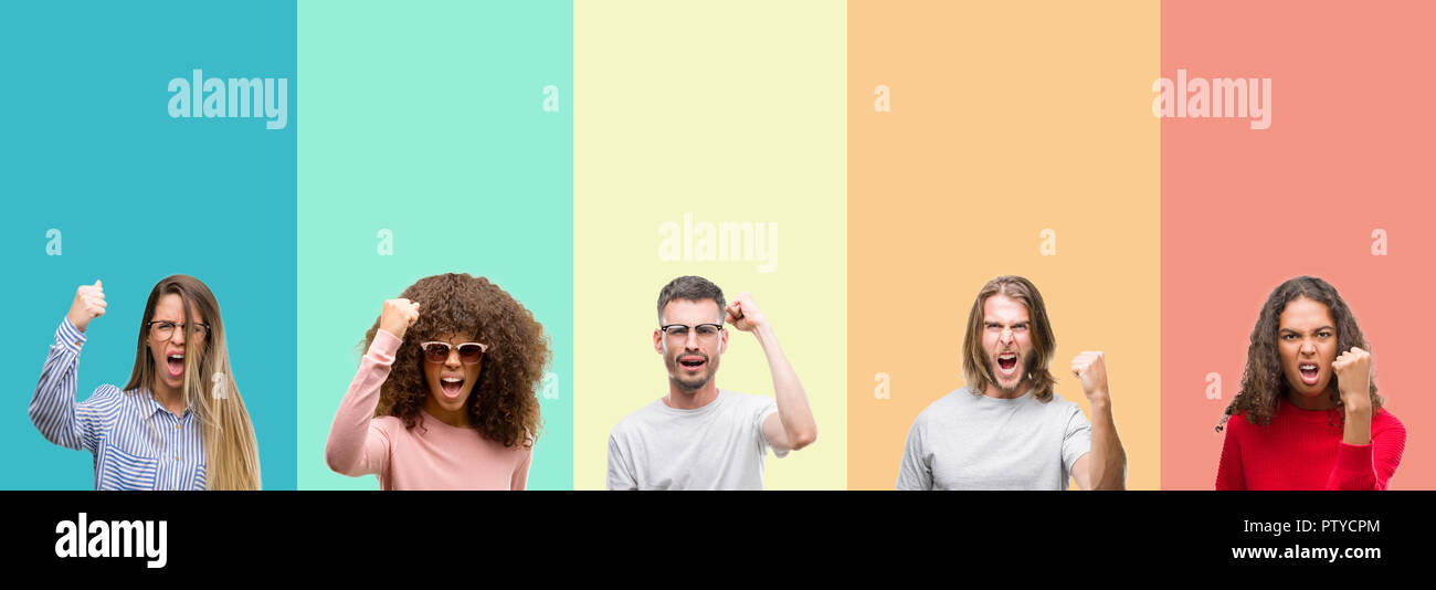 Collage of group of young people over colorful vintage isolated ...